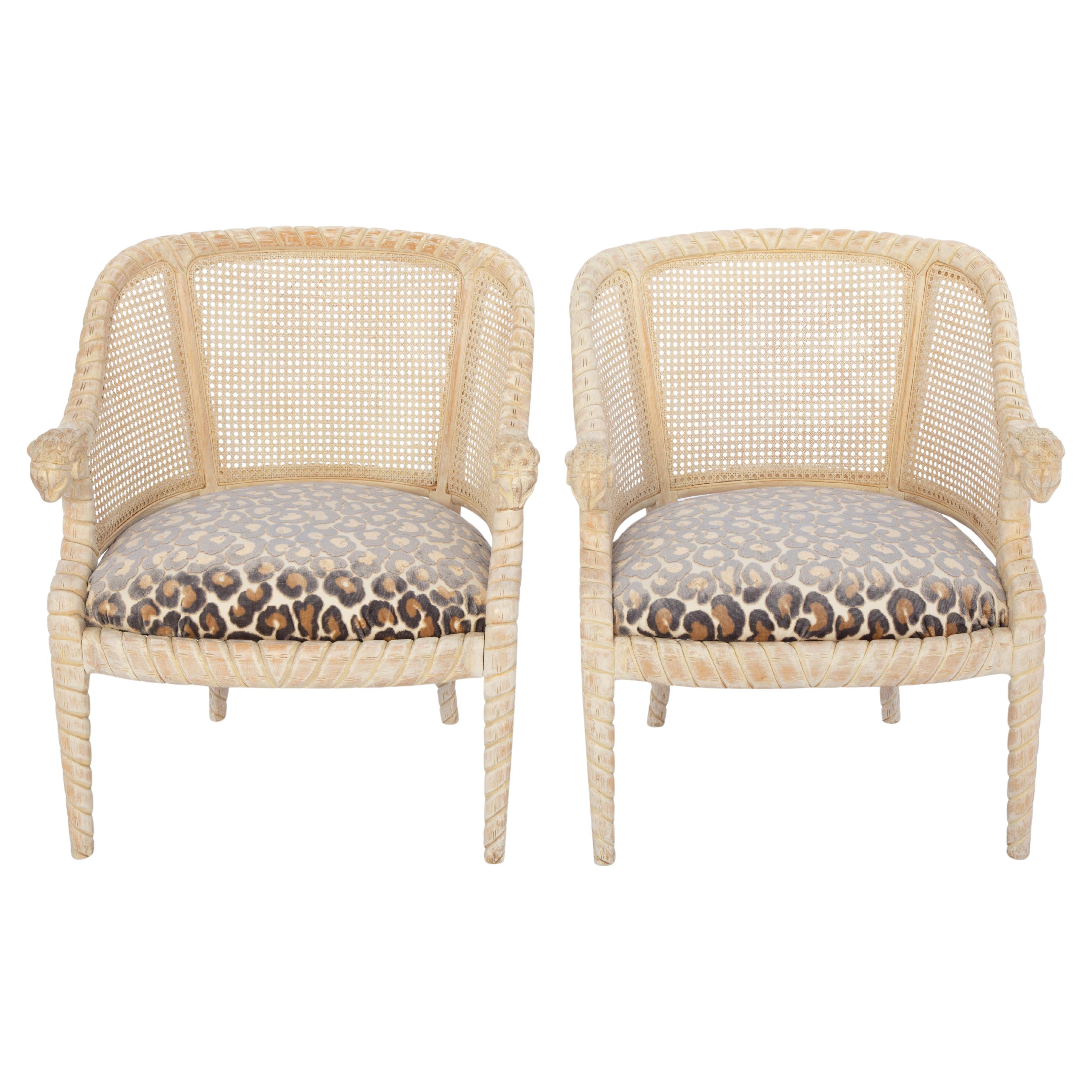 Pair of Vintage Hand-Carved and Caned Italian Barrel Chairs by ...