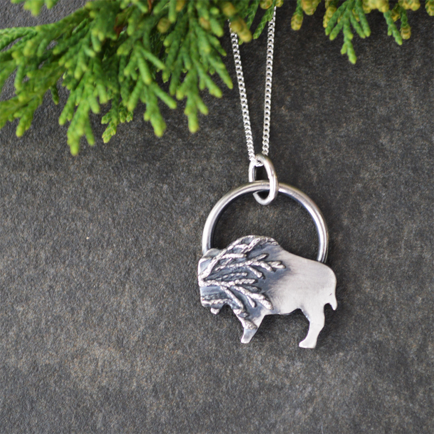 Cedar Bison Necklace, Silver Buffalo Necklace - 24 in. Chain by Artisan ...